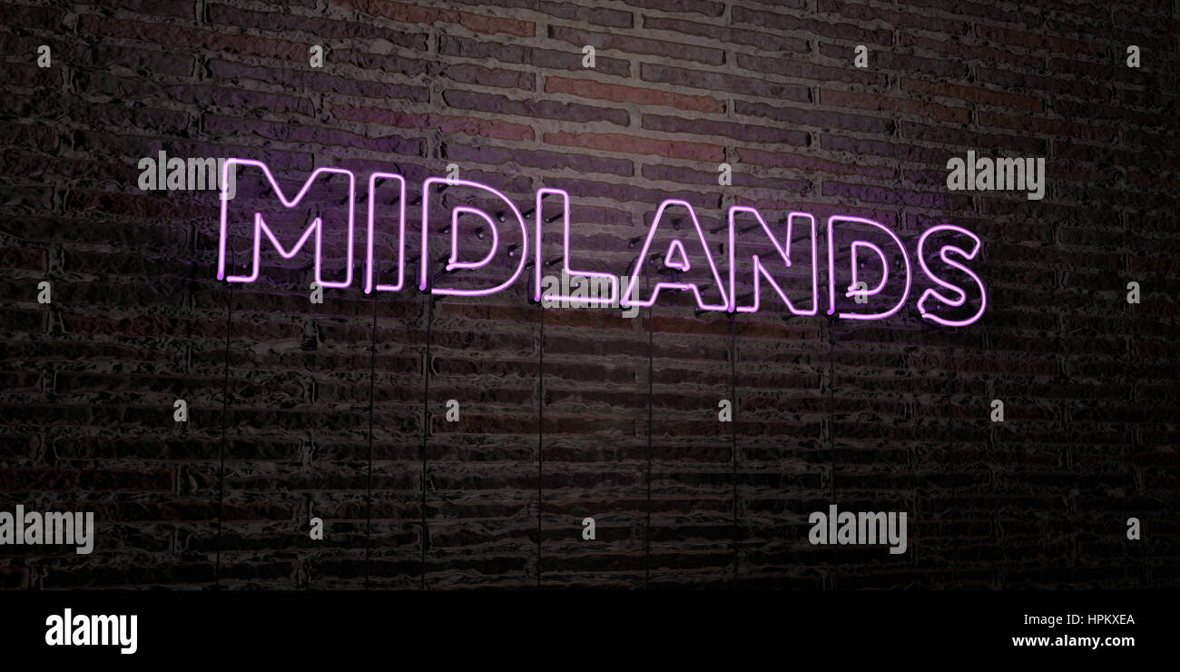 MIDLANDS -Realistic Neon Sign on Brick Wall background - 3D rendered ...