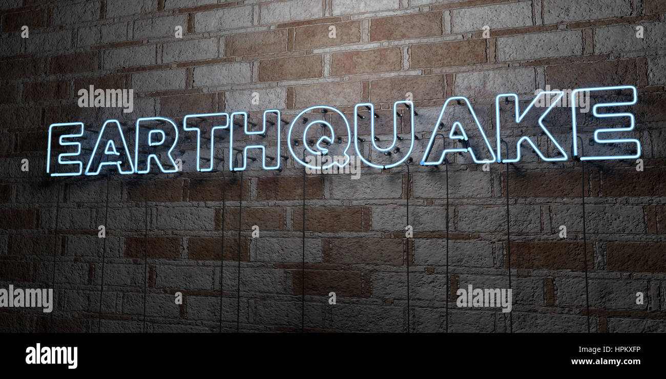 EARTHQUAKE - Glowing Neon Sign on stonework wall - 3D rendered royalty ...