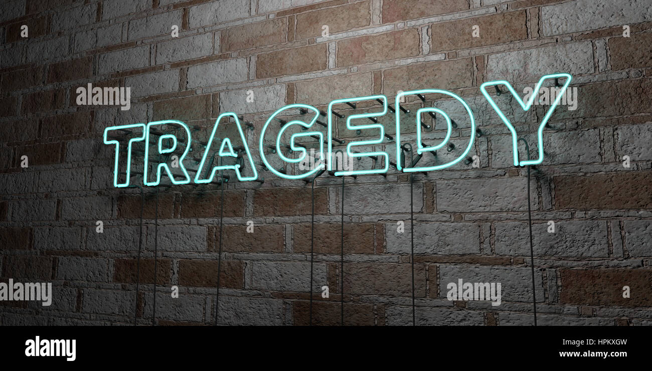 TRAGEDY - Glowing Neon Sign on stonework wall - 3D rendered royalty ...