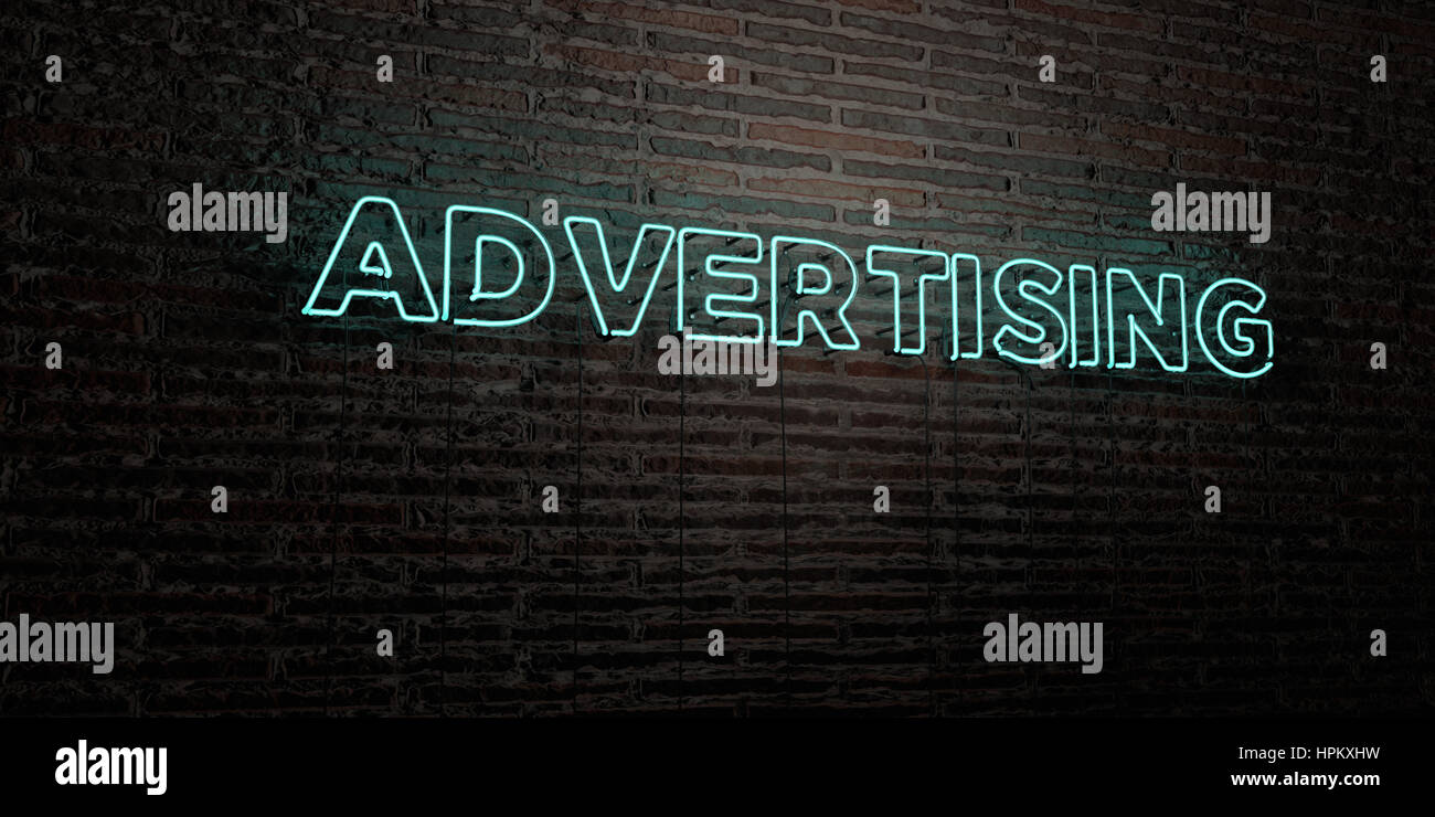 ADVERTISING -Realistic Neon Sign on Brick Wall background - 3D rendered ...