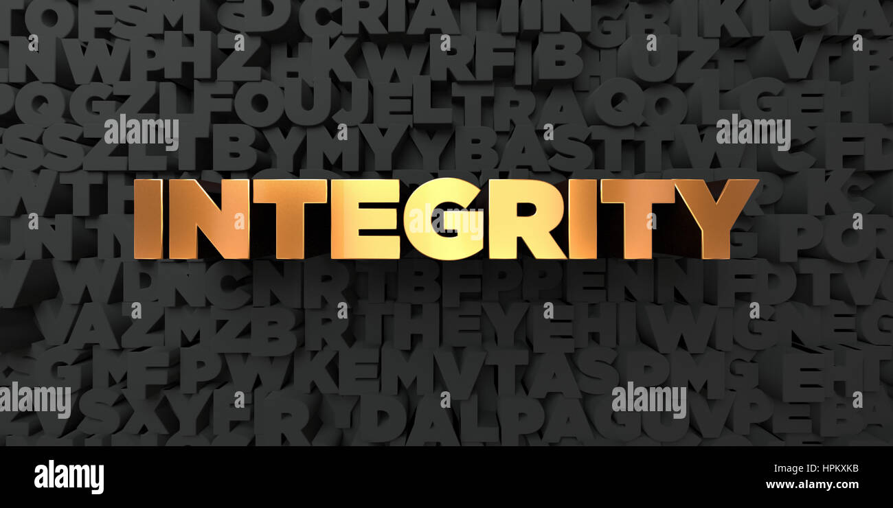 Integrity - Gold text on black background - 3D rendered royalty free ...
