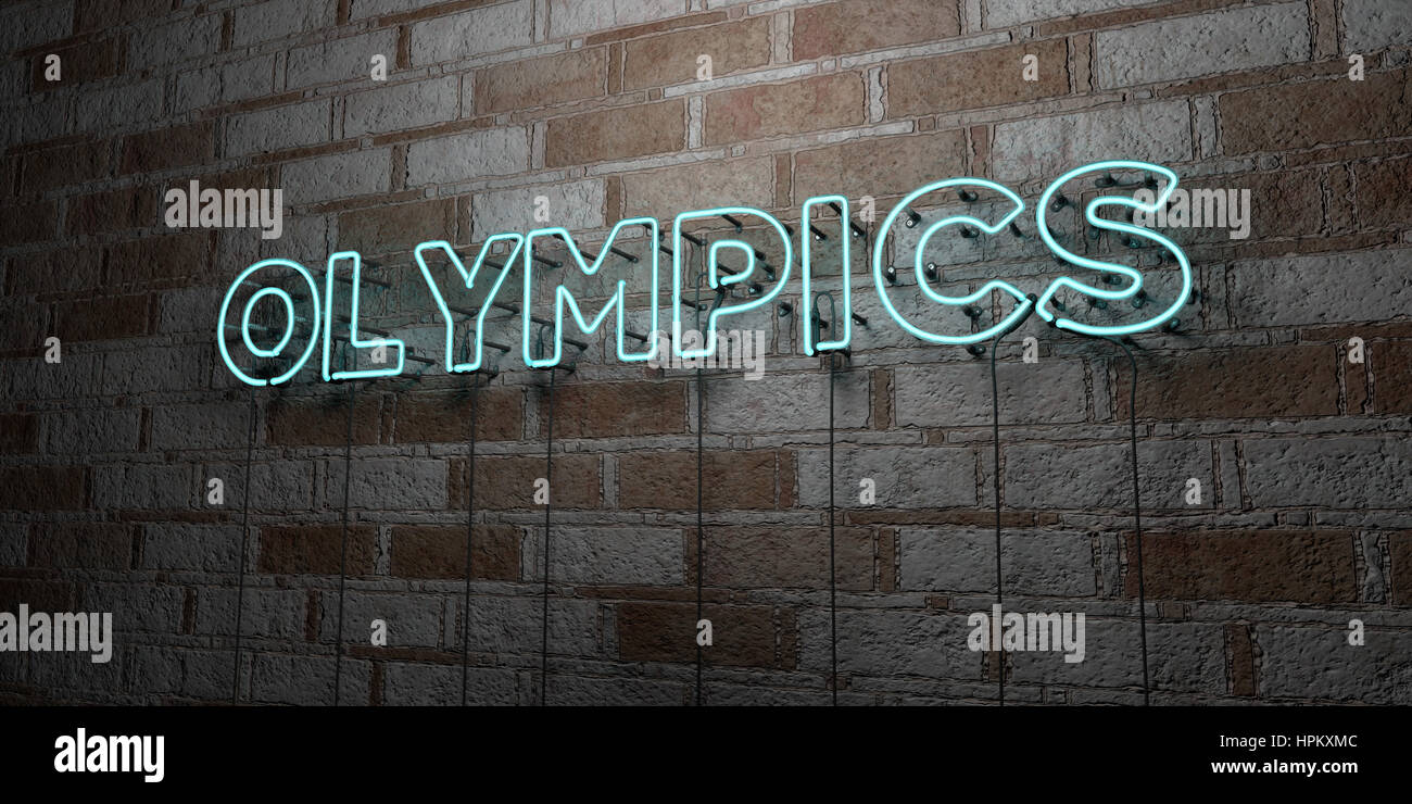 OLYMPICS - Glowing Neon Sign on stonework wall - 3D rendered royalty ...