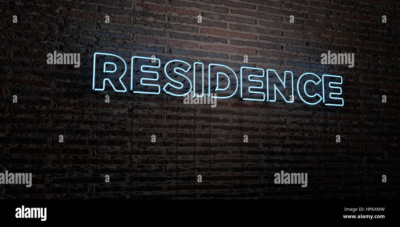 RESIDENCE -Realistic Neon Sign on Brick Wall background - 3D rendered ...