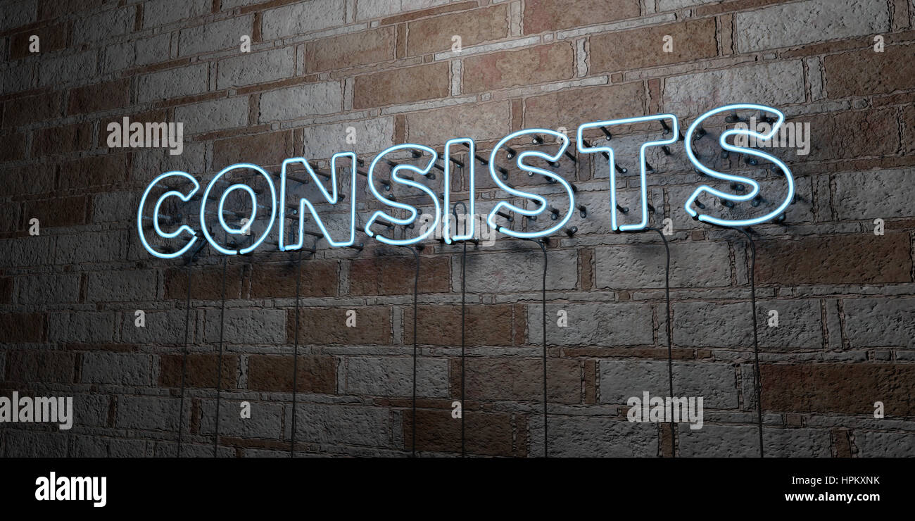 CONSISTS - Glowing Neon Sign on stonework wall - 3D rendered royalty ...