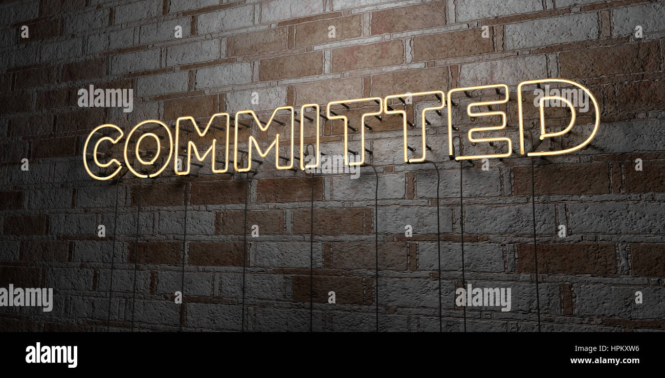COMMITTED - Glowing Neon Sign on stonework wall - 3D rendered royalty ...
