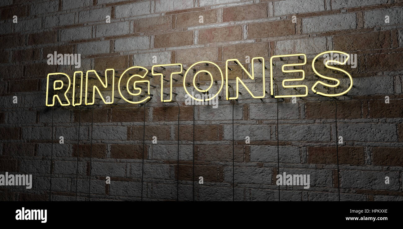 RINGTONES - Glowing Neon Sign on stonework wall - 3D rendered royalty ...