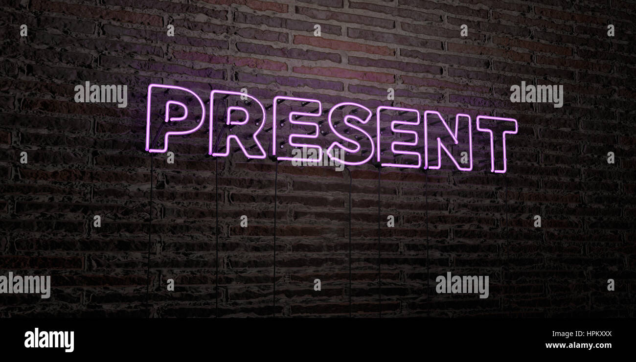 PRESENT -Realistic Neon Sign on Brick Wall background - 3D rendered ...