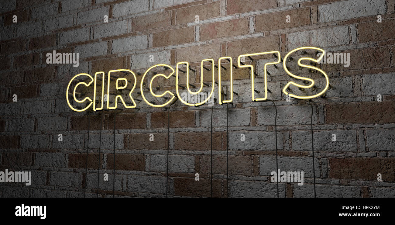 CIRCUITS - Glowing Neon Sign on stonework wall - 3D rendered royalty ...