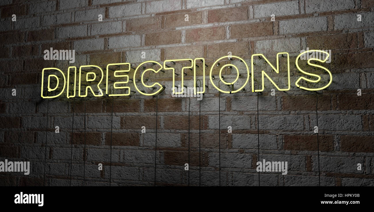 DIRECTIONS - Glowing Neon Sign on stonework wall - 3D rendered royalty ...
