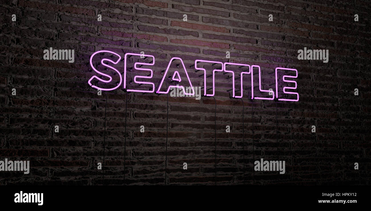 SEATTLE -Realistic Neon Sign on Brick Wall background - 3D rendered ...