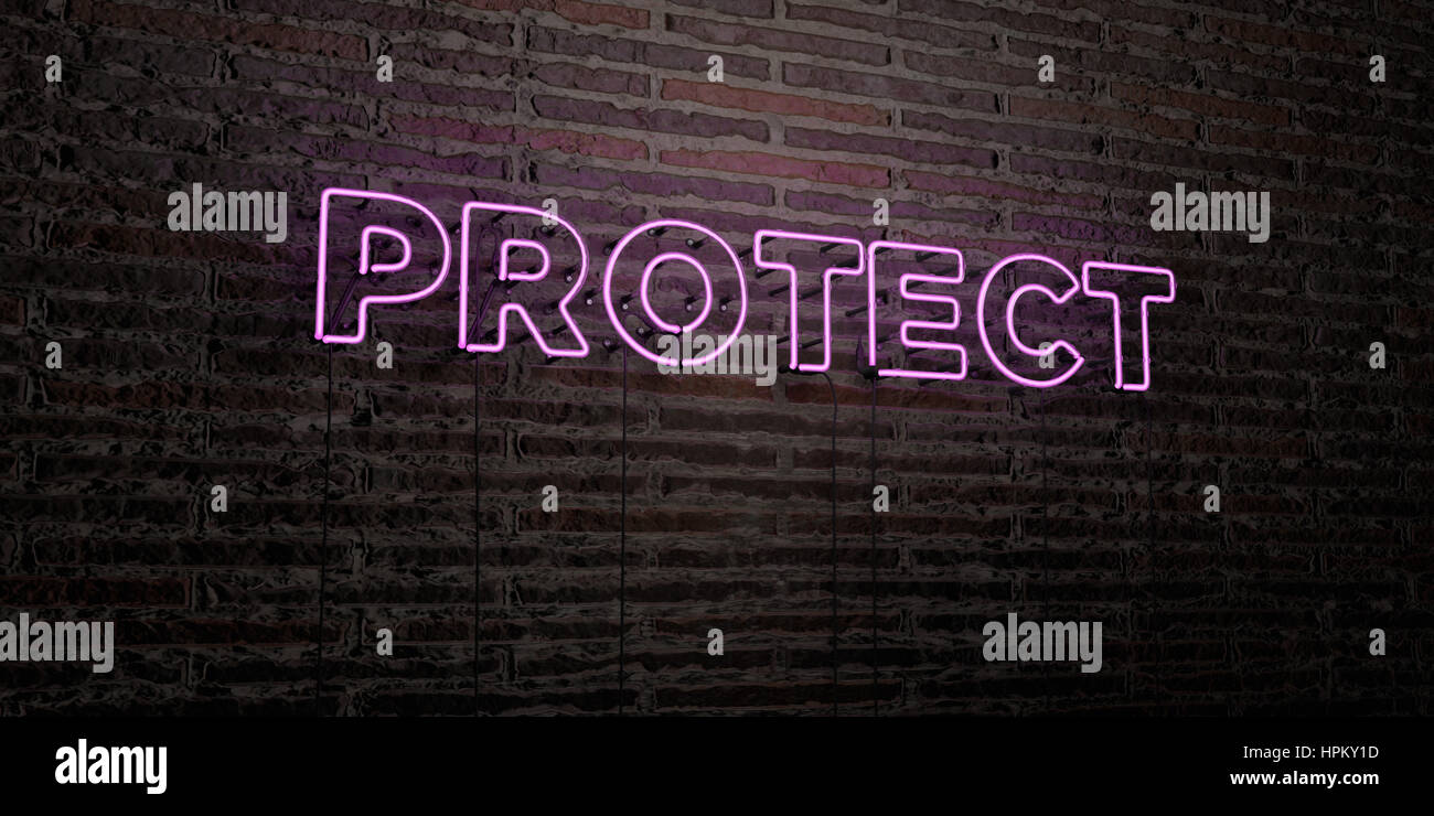 PROTECT -Realistic Neon Sign on Brick Wall background - 3D rendered ...