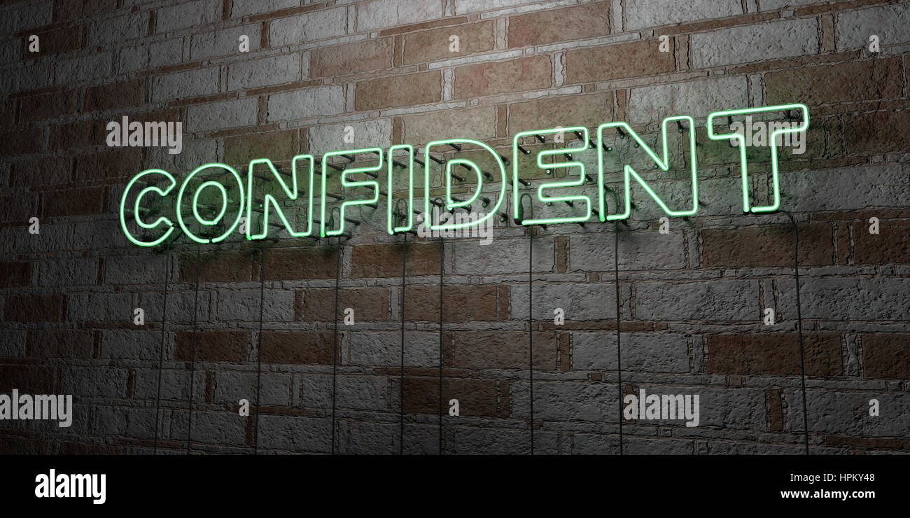 CONFIDENT - Glowing Neon Sign on stonework wall - 3D rendered royalty ...