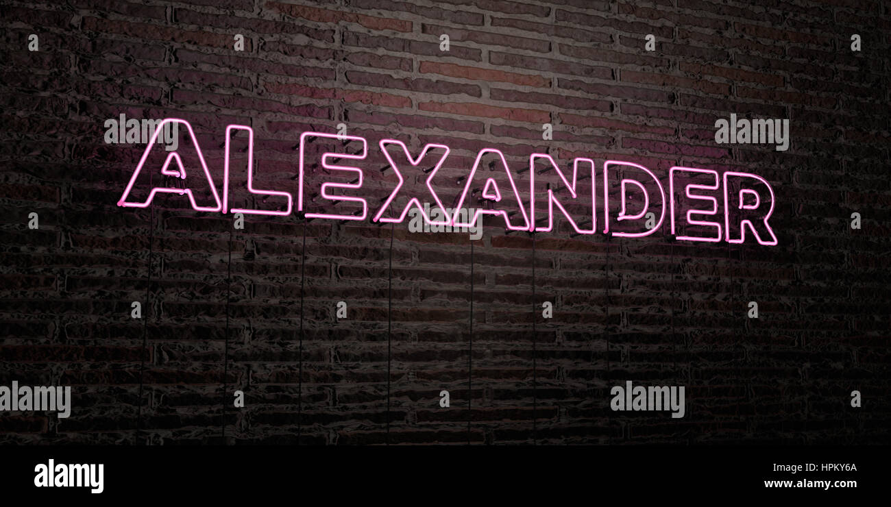ALEXANDER -Realistic Neon Sign on Brick Wall background - 3D rendered ...