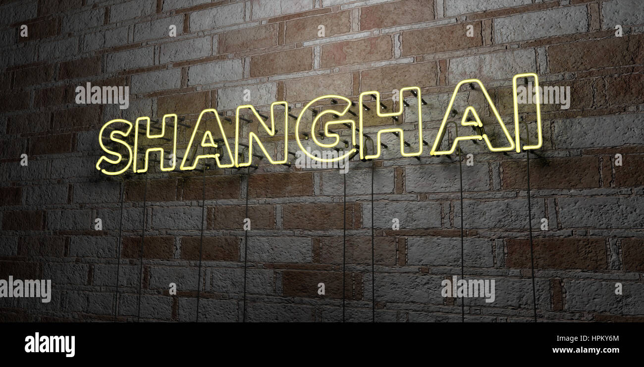 SHANGHAI - Glowing Neon Sign on stonework wall - 3D rendered royalty ...