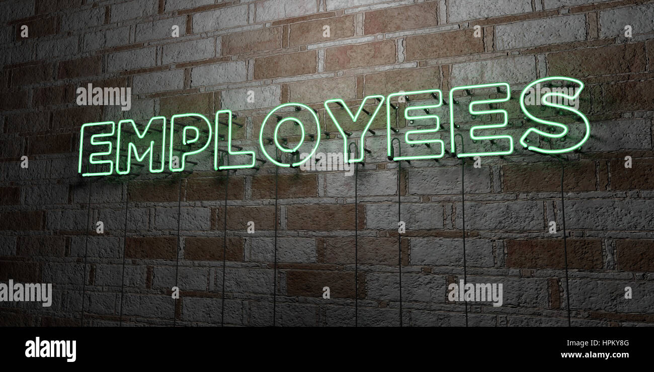 EMPLOYEES - Glowing Neon Sign on stonework wall - 3D rendered royalty ...
