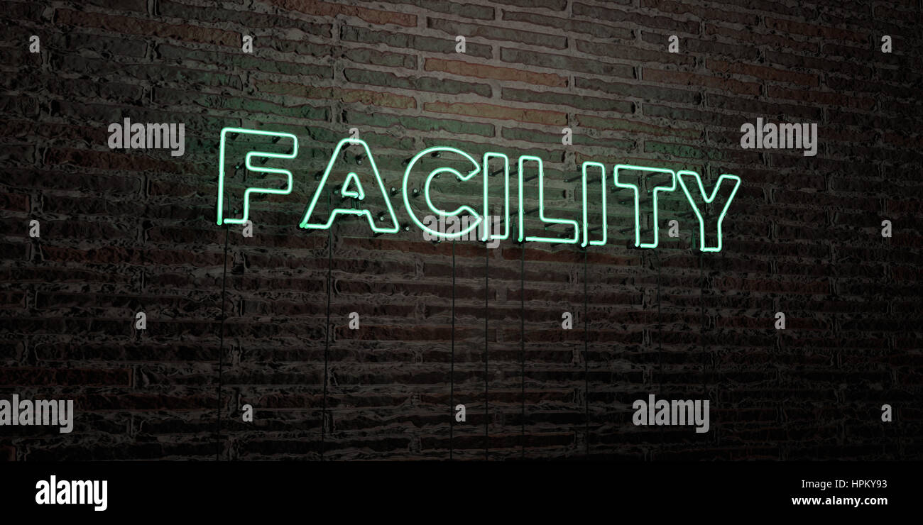 FACILITY -Realistic Neon Sign on Brick Wall background - 3D rendered ...