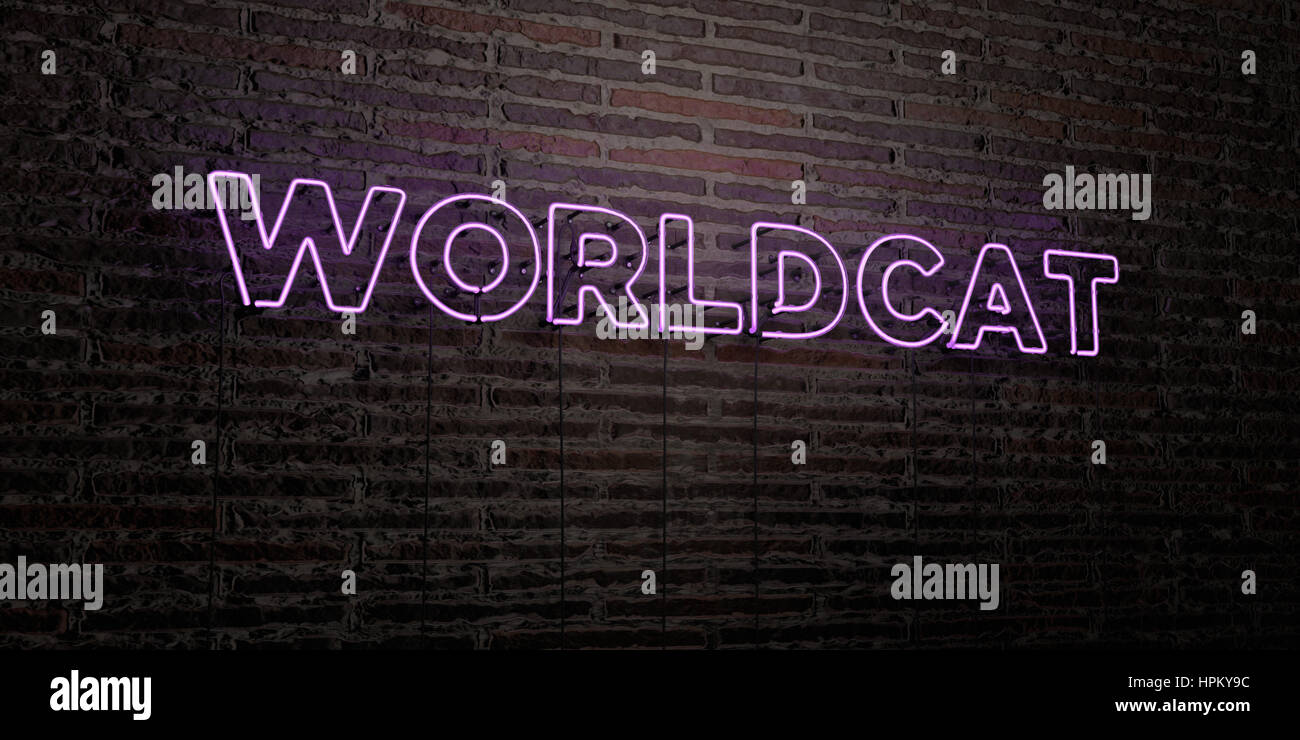 WORLDCAT -Realistic Neon Sign on Brick Wall background - 3D rendered ...