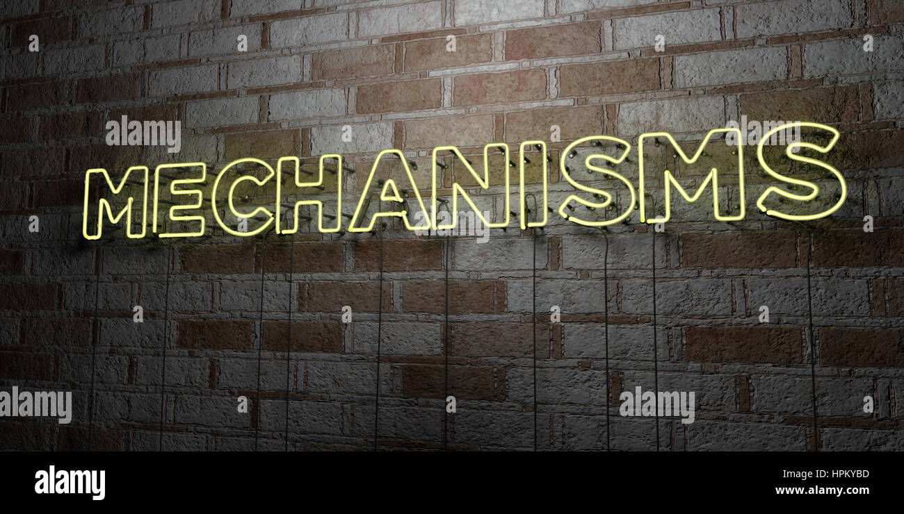 MECHANISMS - Glowing Neon Sign on stonework wall - 3D rendered royalty ...