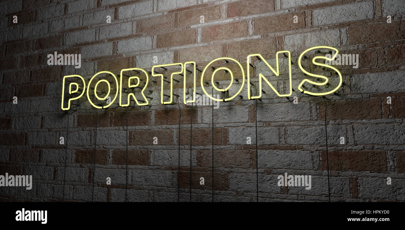 PORTIONS - Glowing Neon Sign on stonework wall - 3D rendered royalty ...