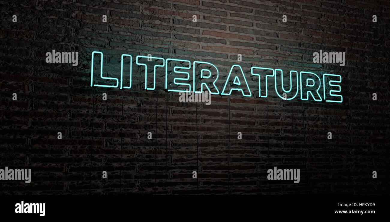 LITERATURE -Realistic Neon Sign on Brick Wall background - 3D rendered ...