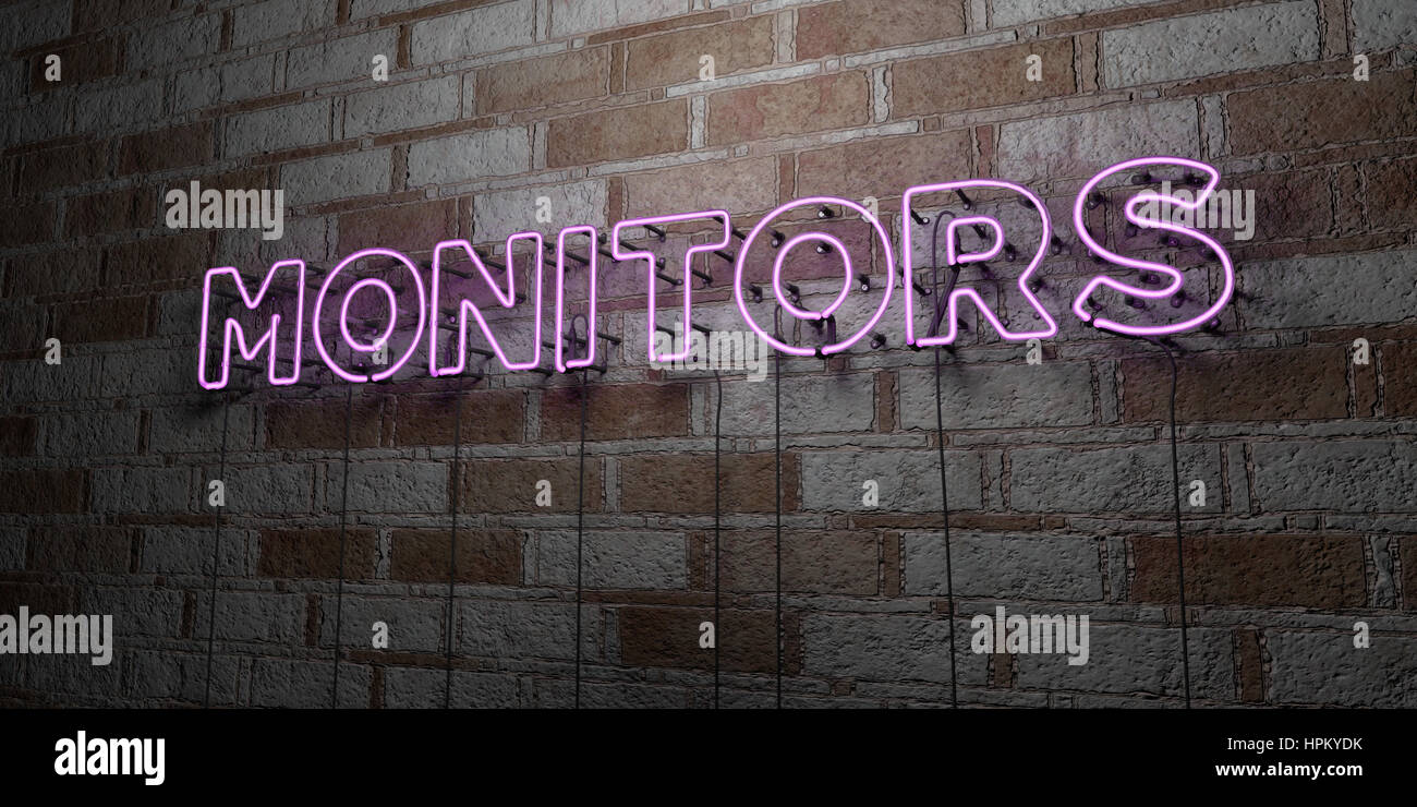 MONITORS - Glowing Neon Sign on stonework wall - 3D rendered royalty ...