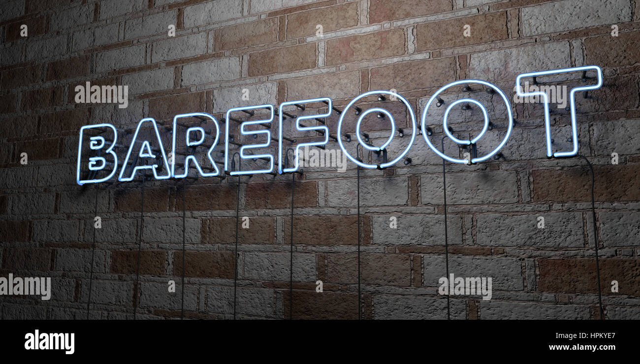 BAREFOOT - Glowing Neon Sign on stonework wall - 3D rendered royalty ...