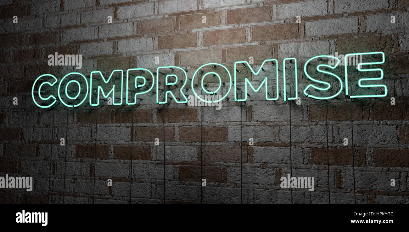 COMPROMISE - Glowing Neon Sign on stonework wall - 3D rendered royalty ...