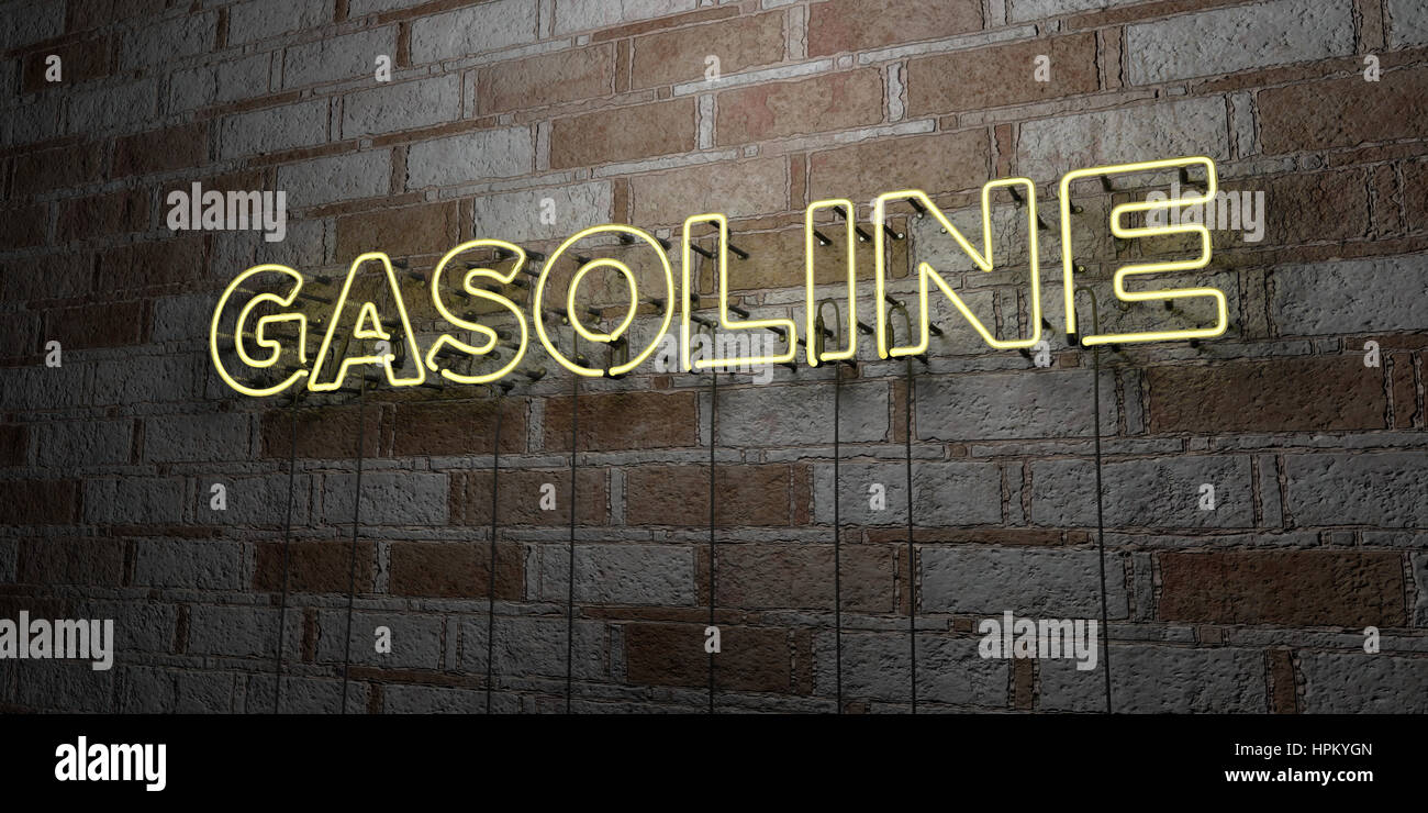 GASOLINE - Glowing Neon Sign on stonework wall - 3D rendered royalty ...