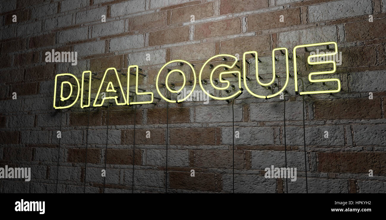 DIALOGUE - Glowing Neon Sign on stonework wall - 3D rendered royalty ...