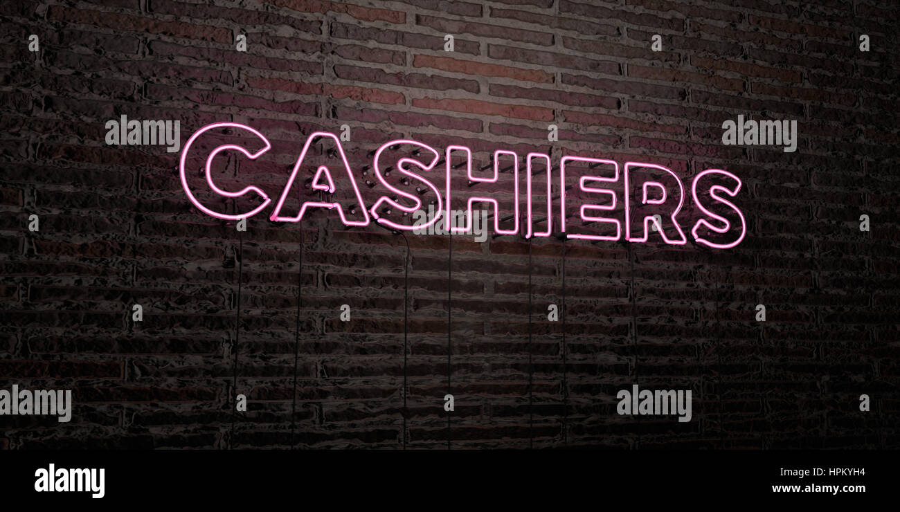 CASHIERS -Realistic Neon Sign on Brick Wall background - 3D rendered ...