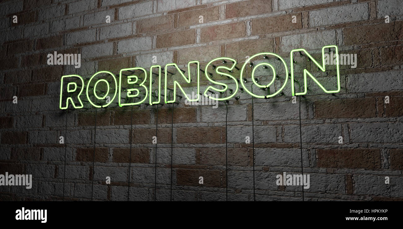 ROBINSON - Glowing Neon Sign on stonework wall - 3D rendered royalty ...