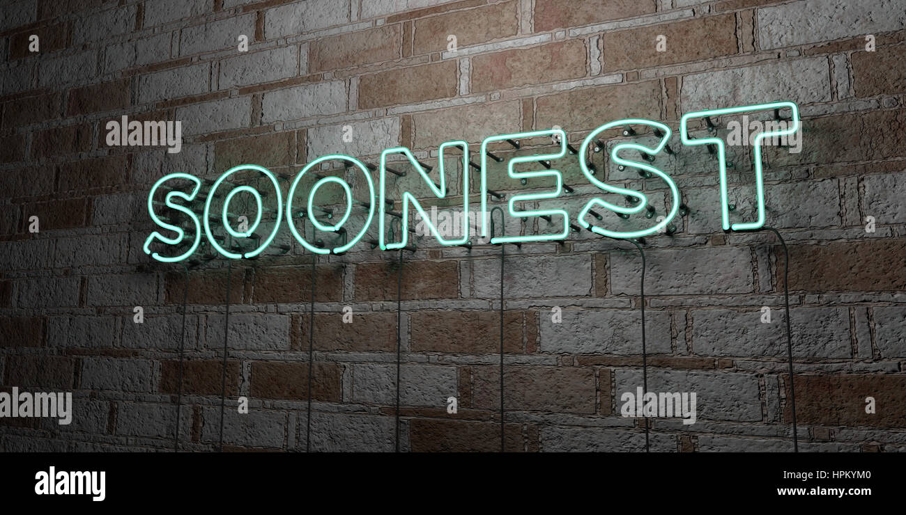 SOONEST - Glowing Neon Sign on stonework wall - 3D rendered royalty ...