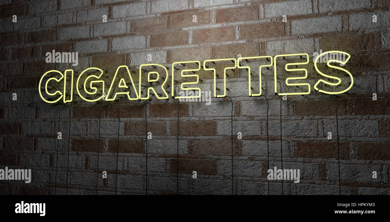 CIGARETTES - Glowing Neon Sign on stonework wall - 3D rendered royalty ...