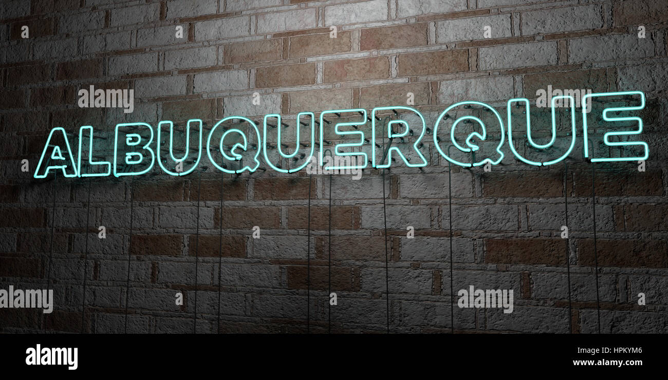 ALBUQUERQUE - Glowing Neon Sign on stonework wall - 3D rendered royalty ...