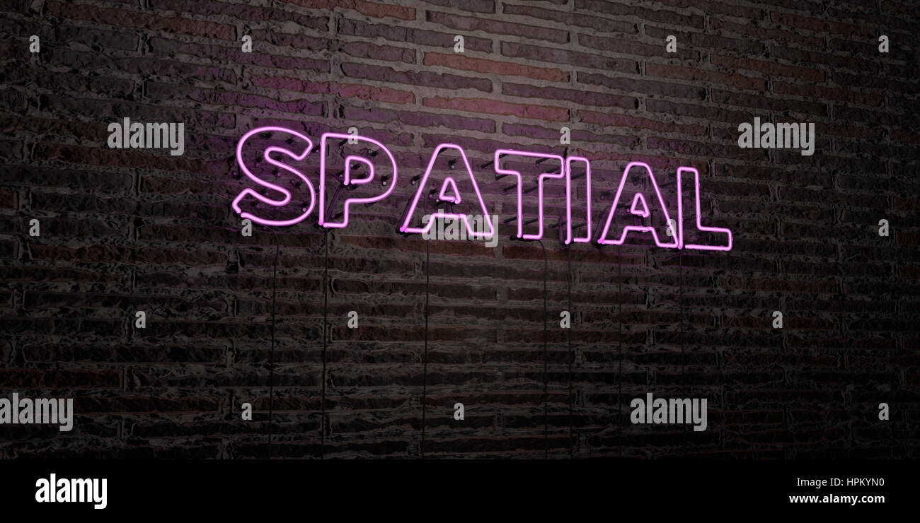 SPATIAL -Realistic Neon Sign on Brick Wall background - 3D rendered ...