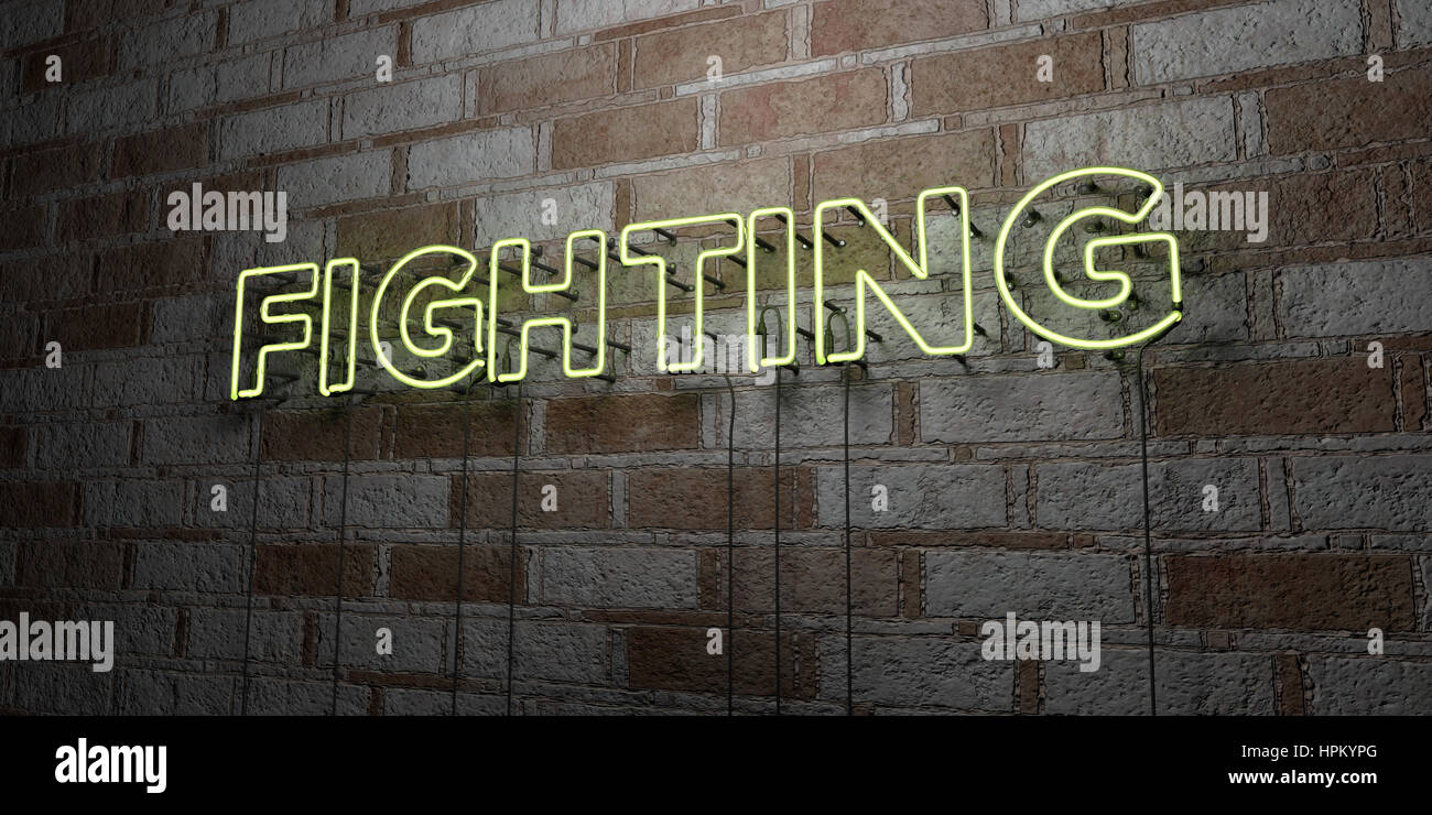 FIGHTING - Glowing Neon Sign on stonework wall - 3D rendered royalty ...