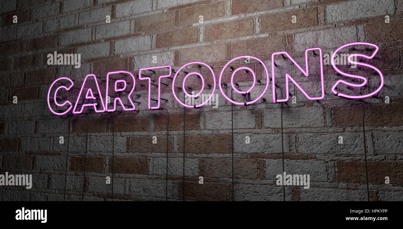 CARTOONS - Glowing Neon Sign on stonework wall - 3D rendered royalty ...