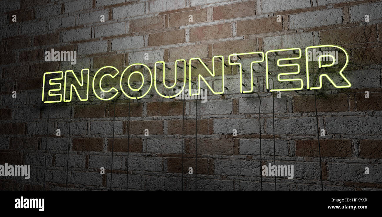 ENCOUNTER - Glowing Neon Sign on stonework wall - 3D rendered royalty ...