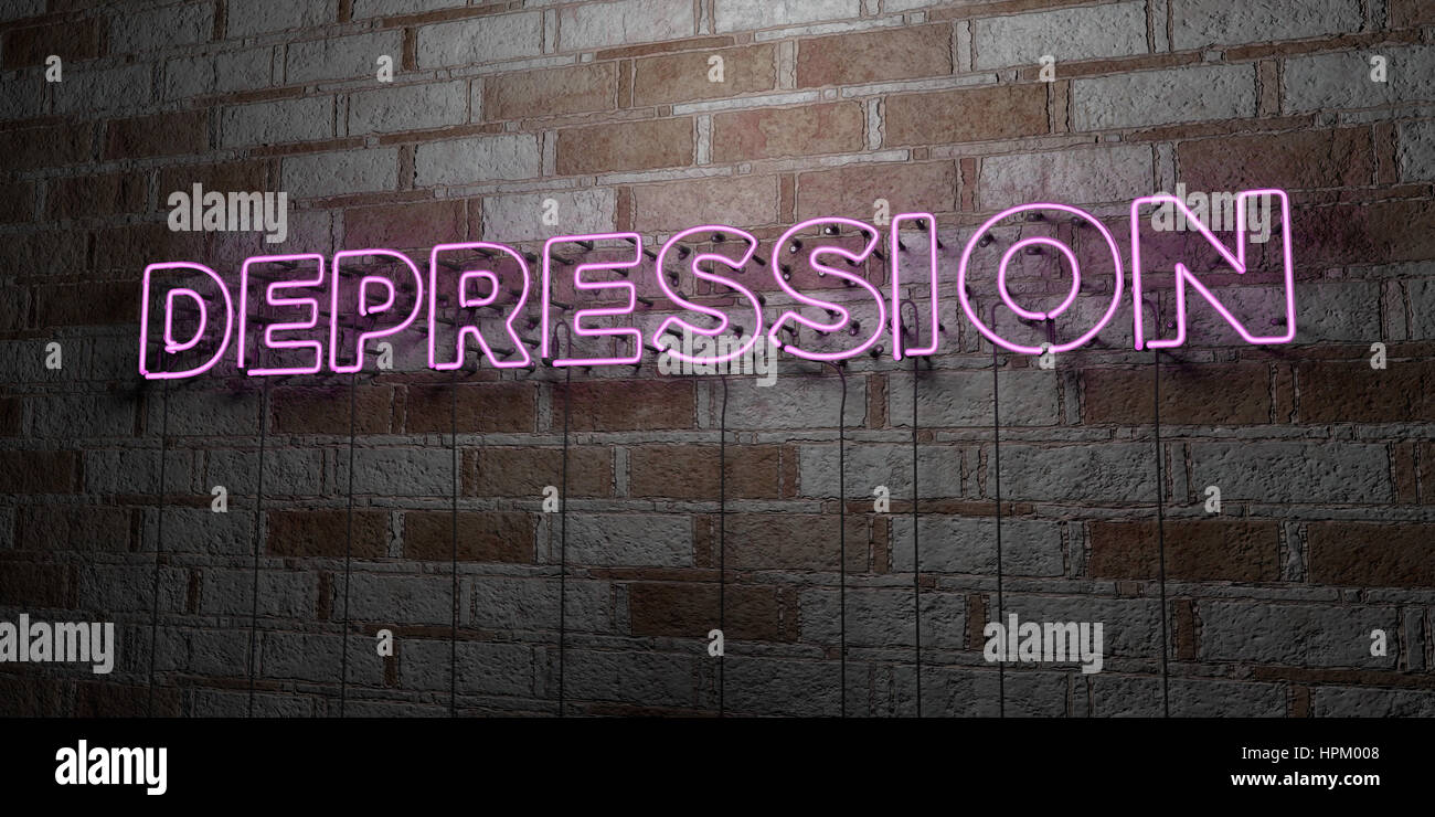 DEPRESSION - Glowing Neon Sign on stonework wall - 3D rendered royalty ...
