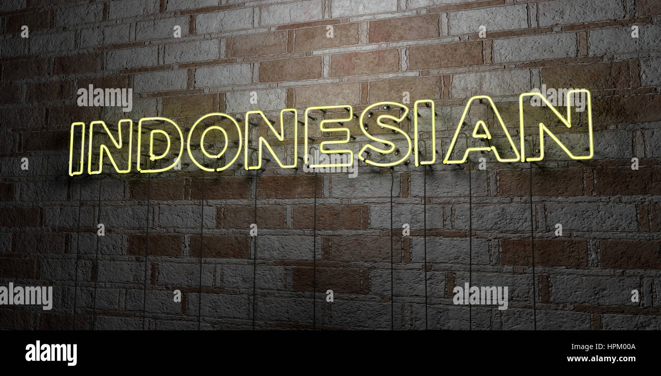 INDONESIAN - Glowing Neon Sign on stonework wall - 3D rendered royalty ...