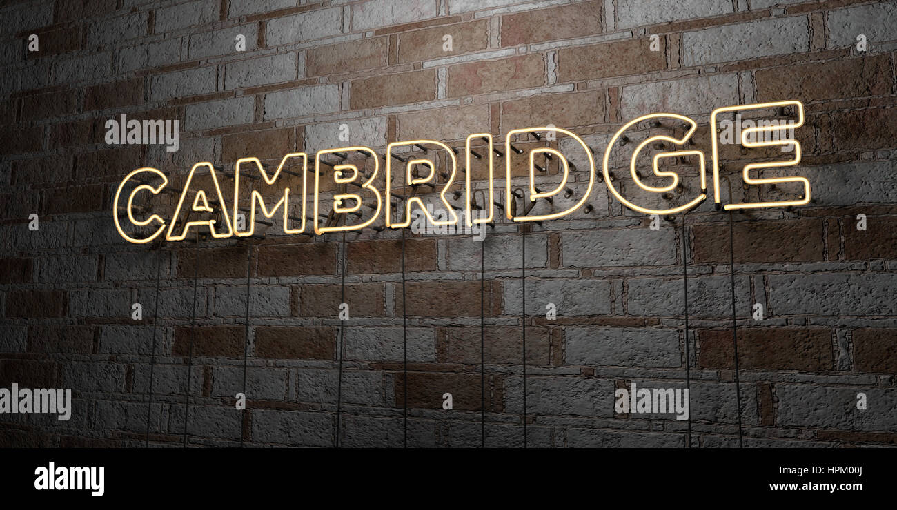 CAMBRIDGE - Glowing Neon Sign on stonework wall - 3D rendered royalty ...