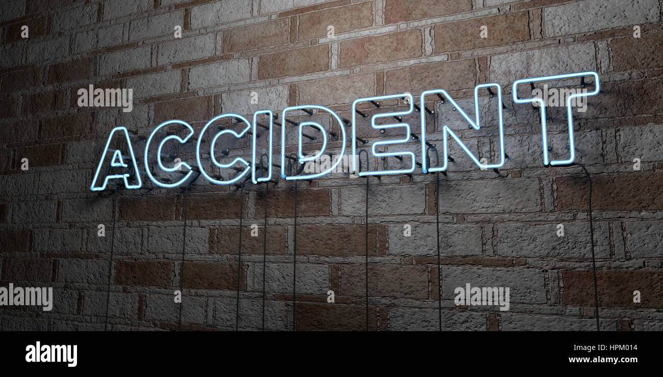ACCIDENT - Glowing Neon Sign on stonework wall - 3D rendered royalty ...