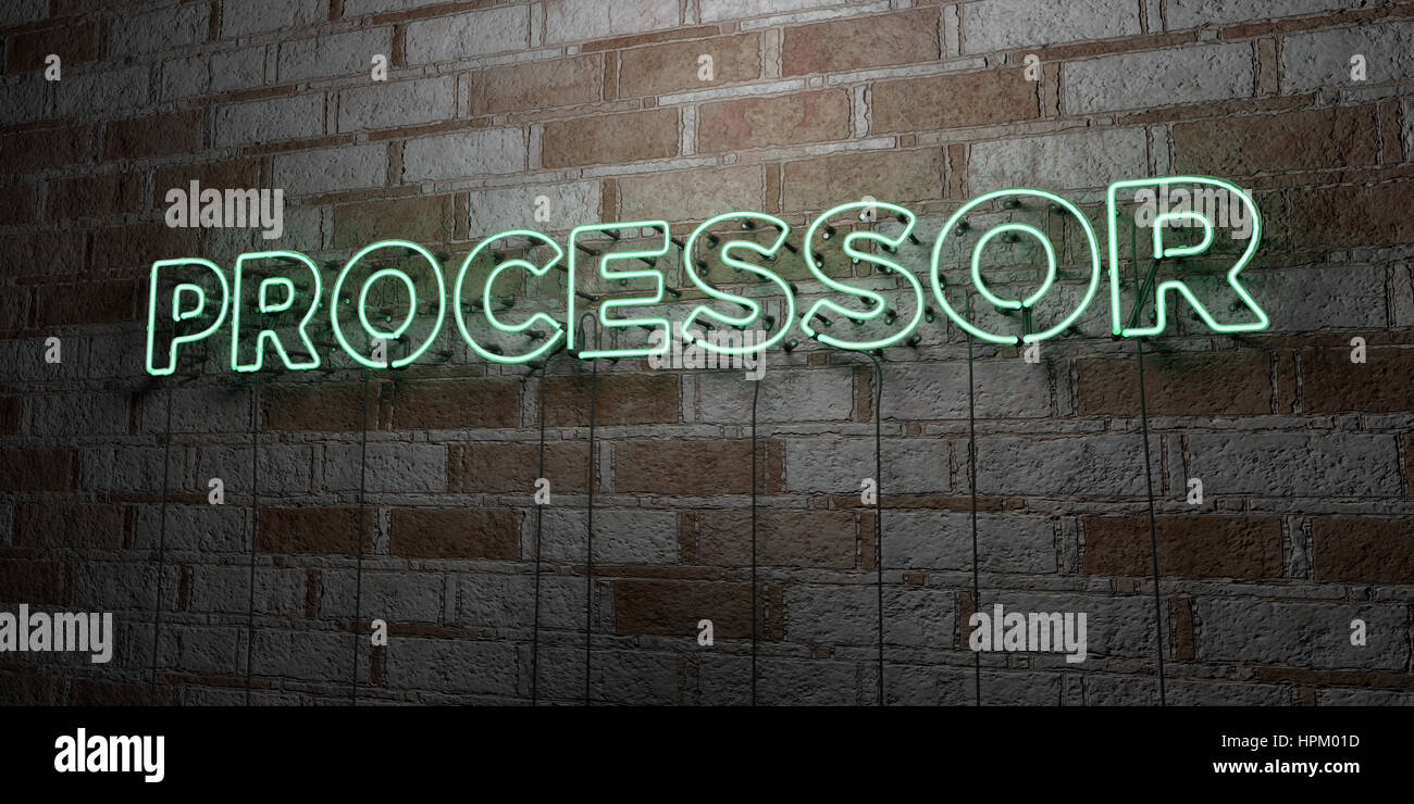PROCESSOR - Glowing Neon Sign on stonework wall - 3D rendered royalty ...