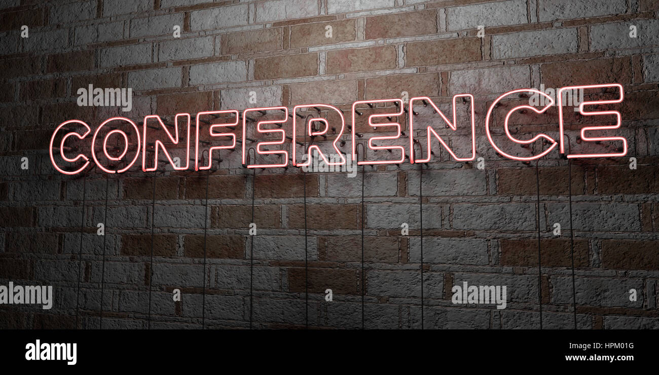 CONFERENCE - Glowing Neon Sign on stonework wall - 3D rendered royalty ...