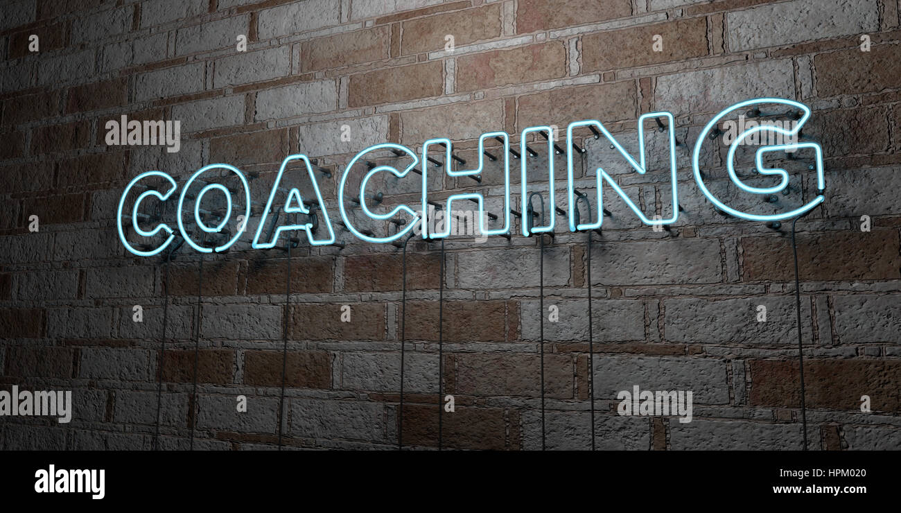 COACHING - Glowing Neon Sign on stonework wall - 3D rendered royalty ...
