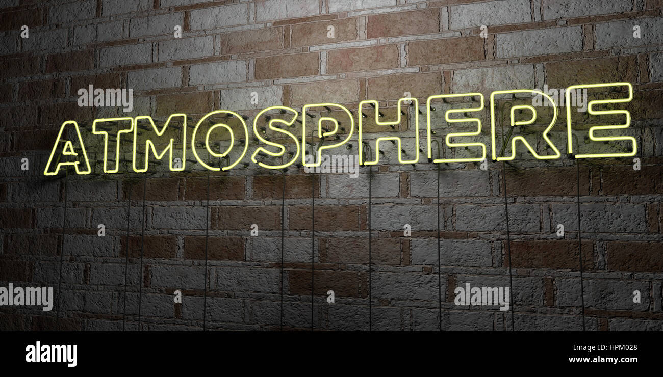 ATMOSPHERE - Glowing Neon Sign on stonework wall - 3D rendered royalty ...