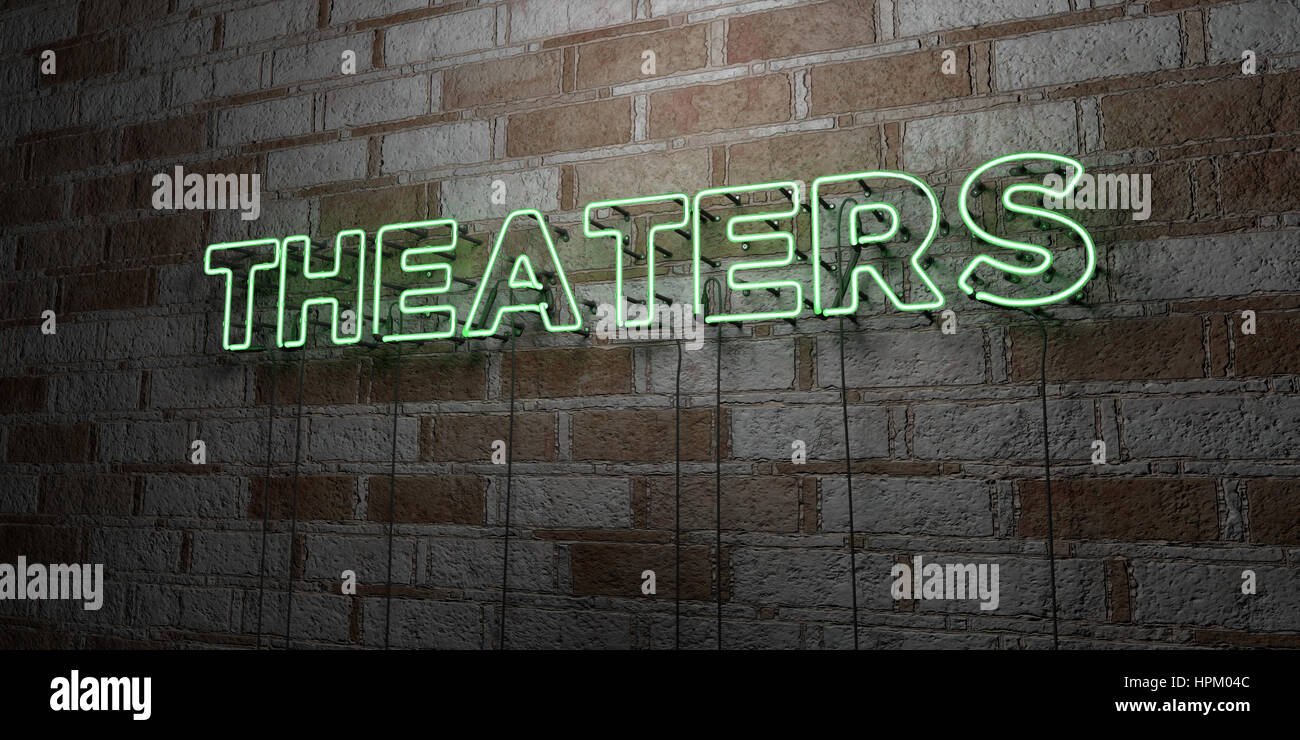 THEATERS - Glowing Neon Sign on stonework wall - 3D rendered royalty ...