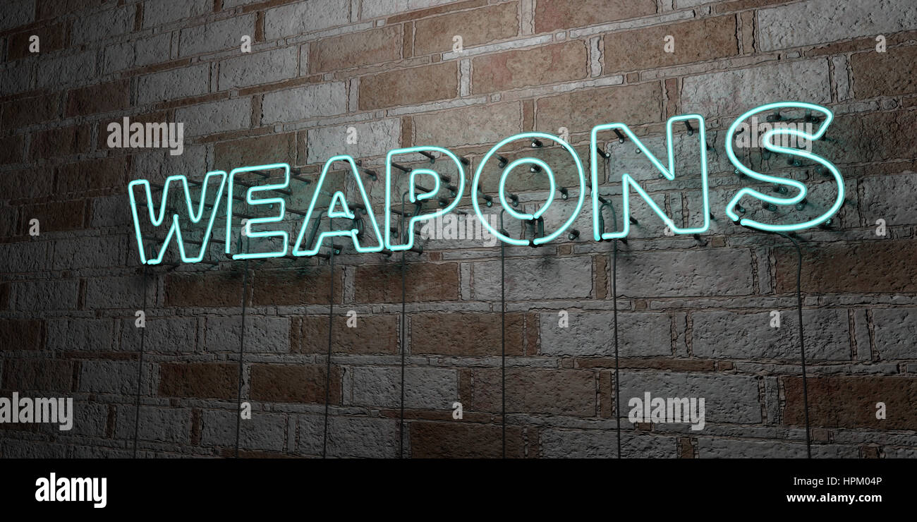 WEAPONS - Glowing Neon Sign on stonework wall - 3D rendered royalty ...