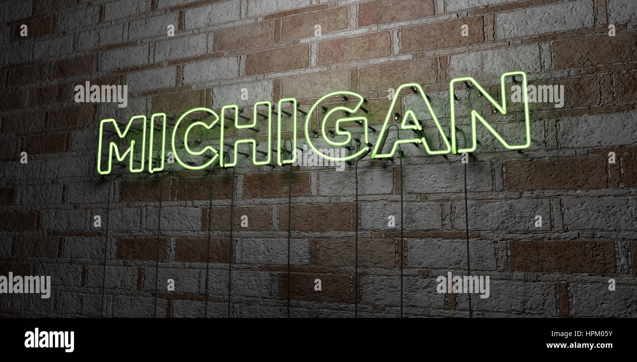 MICHIGAN - Glowing Neon Sign on stonework wall - 3D rendered royalty ...
