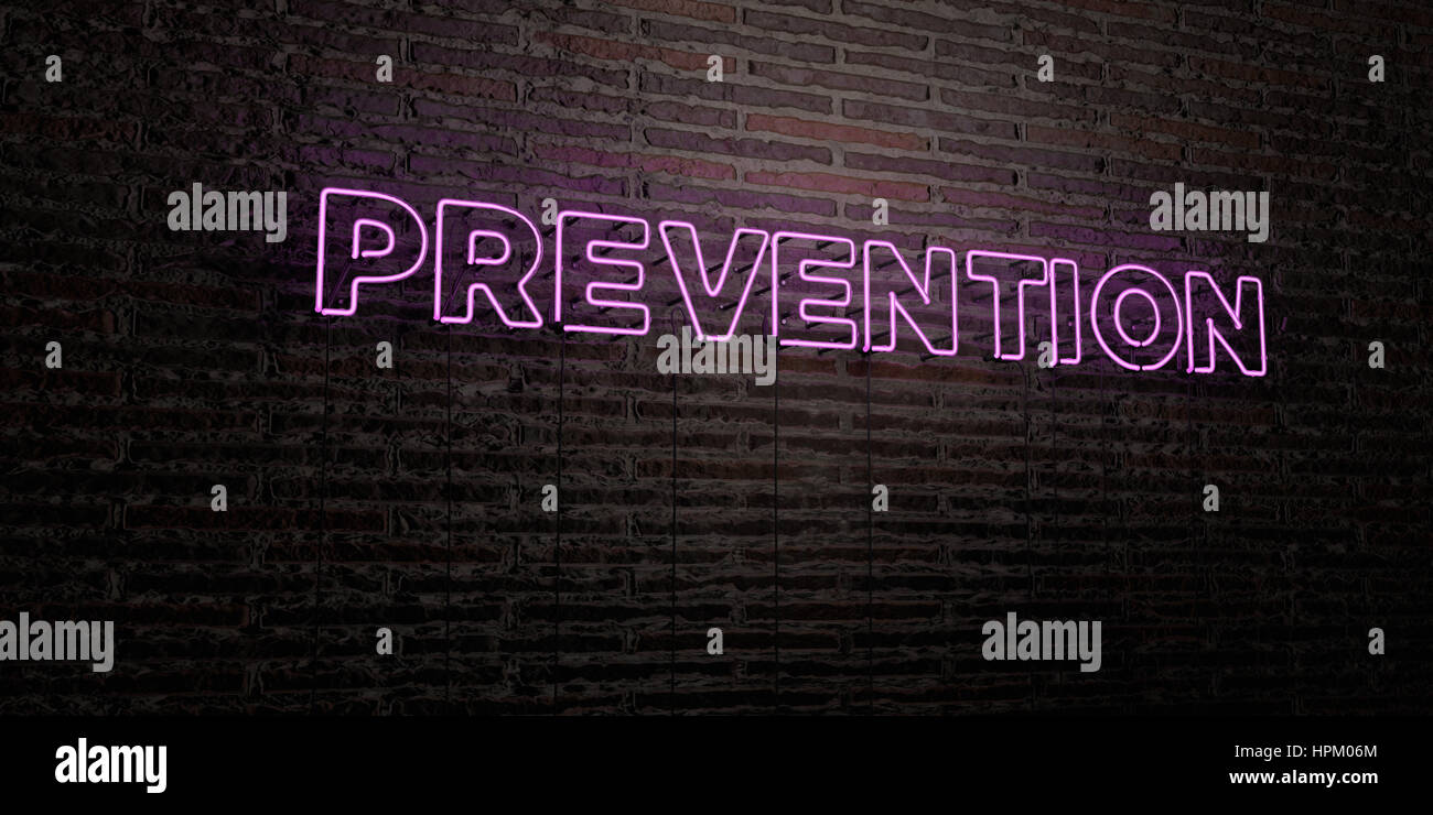 PREVENTION -Realistic Neon Sign on Brick Wall background - 3D rendered ...